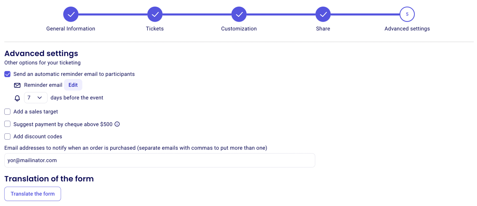 Configuring an event form